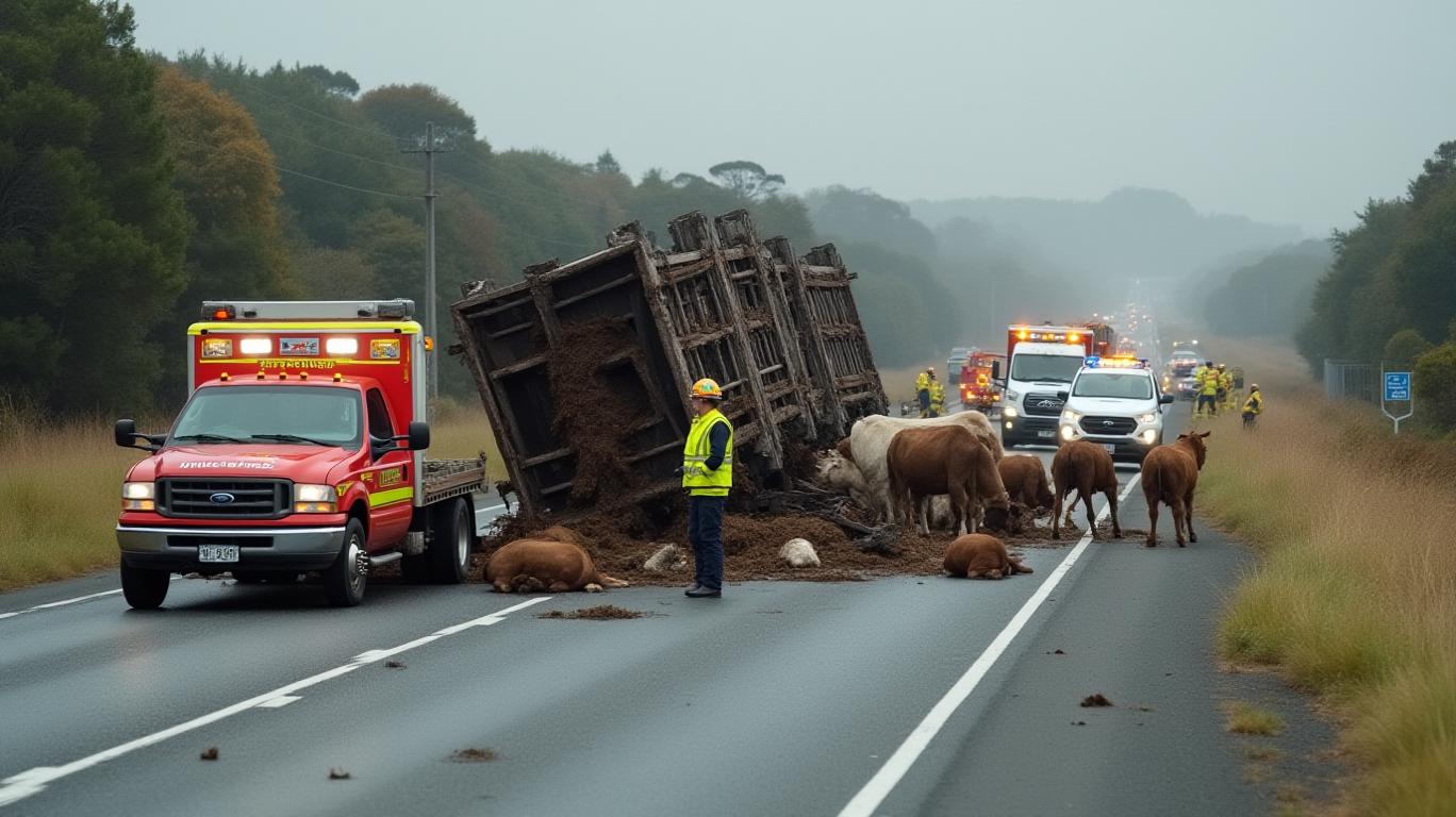 Cattle Truck Accident on SH1: One Person Injured, Cattle Loose.
