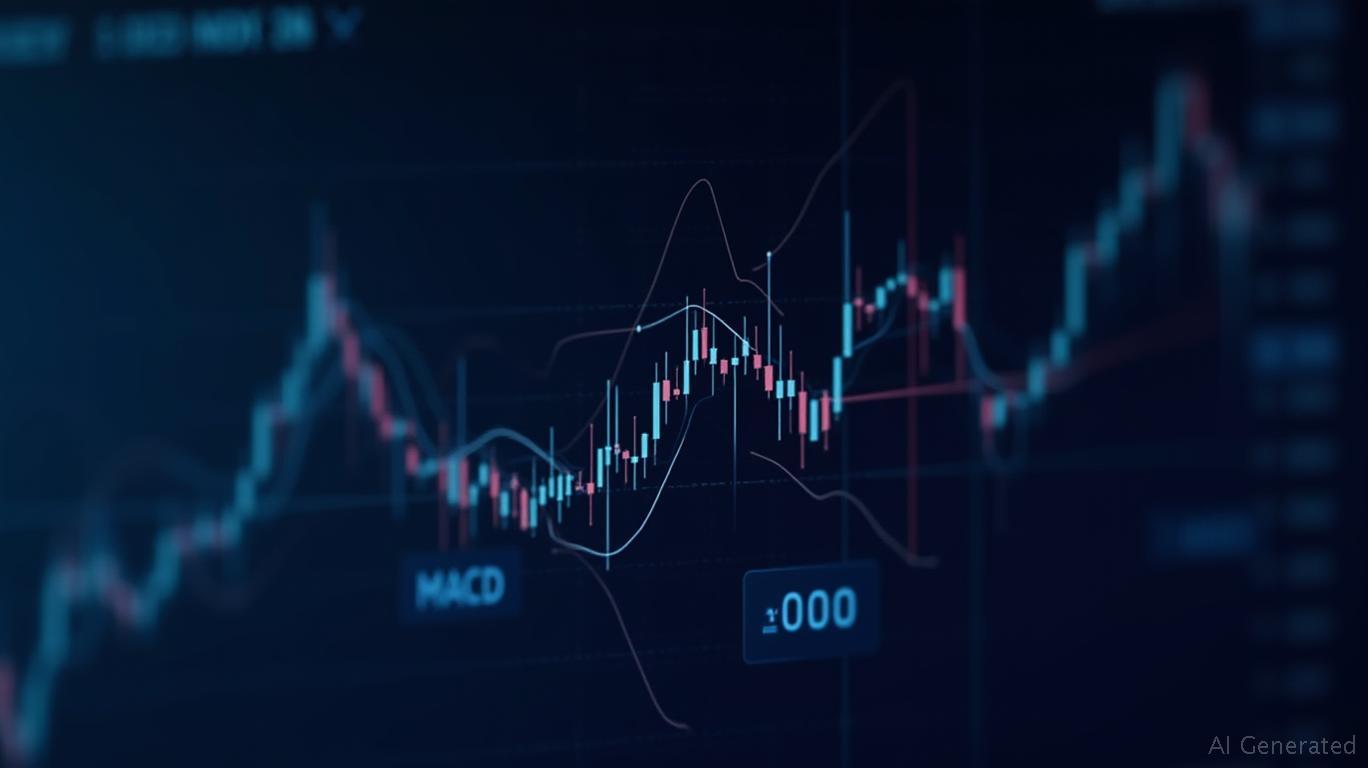 Loar's 15-minute chart shows MACD death cross and narrowing Bollinger ...